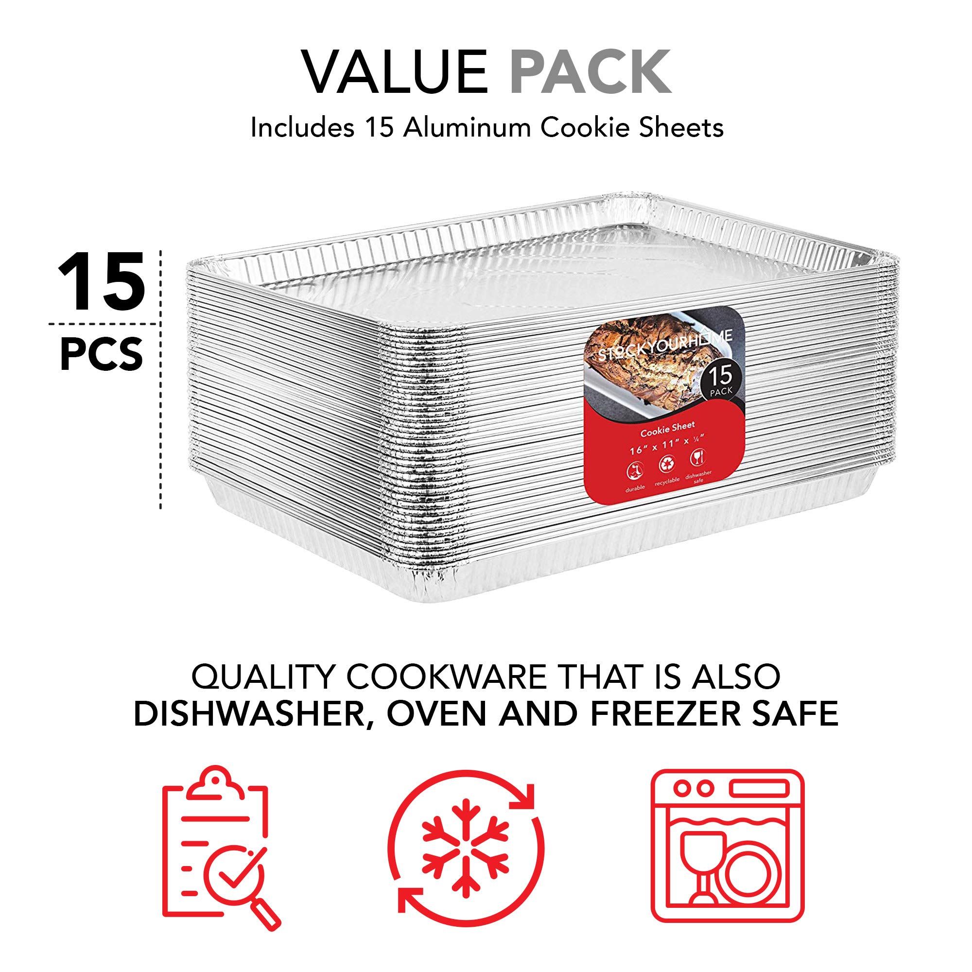 Stock Your Home Aluminum Pans Cookie Sheet Baking Pans (15 Pack) Disposable Aluminum Foil Trays - Reusable and Durable Nonstick Baking Sheets – Disposable Cookie Sheet Foil Pans - 16 Inch x 11 Inch