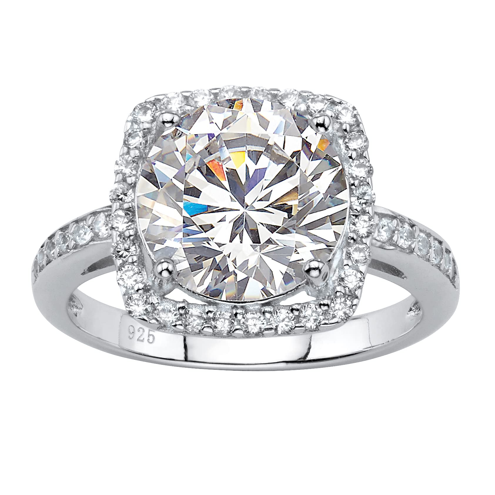 PalmBeach Jewelry Gold-Plated or Platinum-Plated Sterling Silver Round Genuine Gemstone and Round Cubic Zirconia Halo Ring Size 6