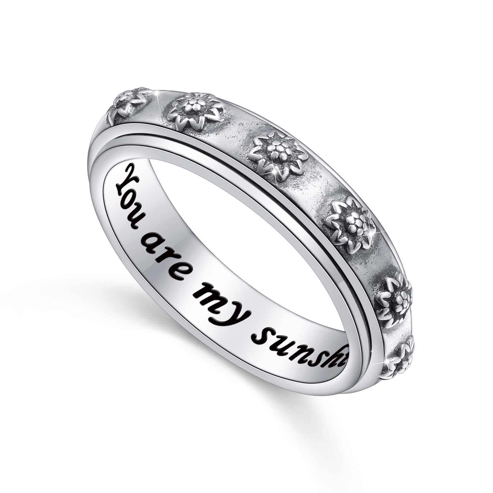 Spinner Ring Fidget Ring for Anxiety Sunflower Sterling Silver Stress Relieving ADHD Rings Women/Daughter Jewelry Gift Size 9