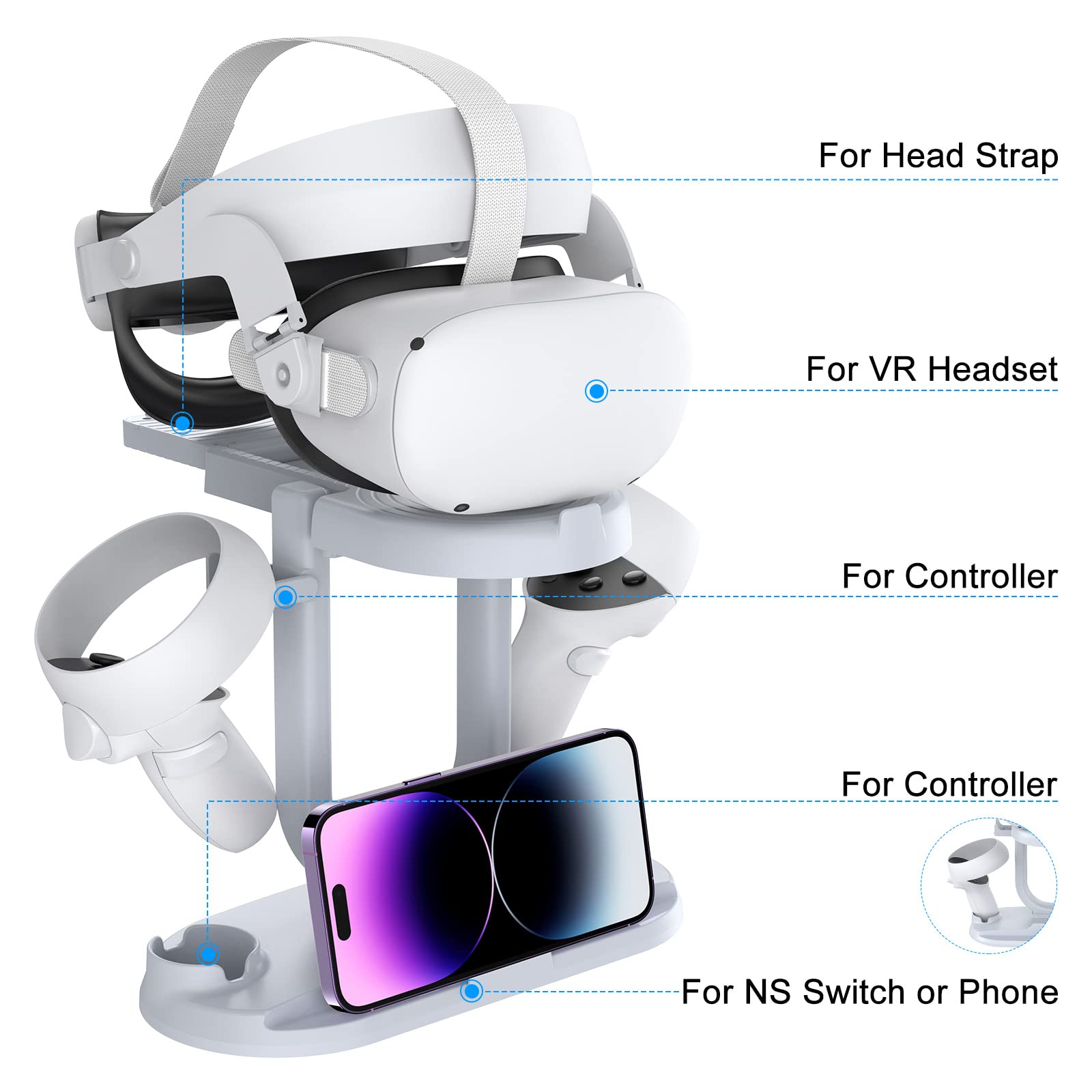 Younik VR Stand for Quest 2/Rift S/HTC Vive/Valve Index/PS VR/PS VR 2, VR Headset Display Stand and Controller Holder, White