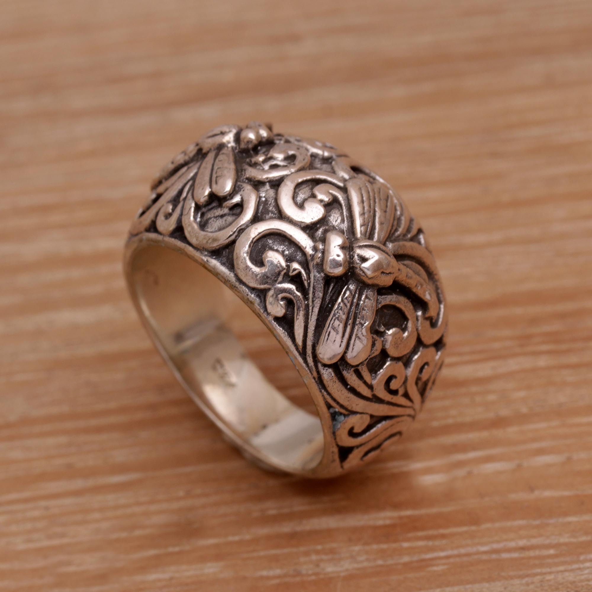 NOVICA Artisan Handmade .925 Sterling Silver Domed Ring 925 Dragonfly Motif Cocktail Indonesia Animal Themed 'Vine Palace'