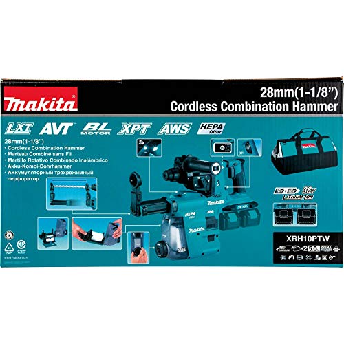 Makita XRH10PTW 18V x2 LXT (36V) Brushless Cordless 1-1/8" AVT Rotary Hammer Kit, Accepts Sds-Plus Bits w/Extractor, Aft, AWS Capable (5.0Ah)
