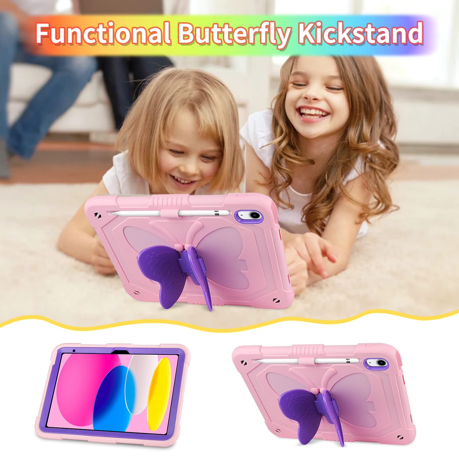 WESADN for iPad 10th Generation Case 2022 with Butterfly Kickstand/Screen Protector/Lanyard/Keychain Case with Pencil Holder for Girls Tablet Cover for iPad 10th Gen 10.9'' Rainbow Pink