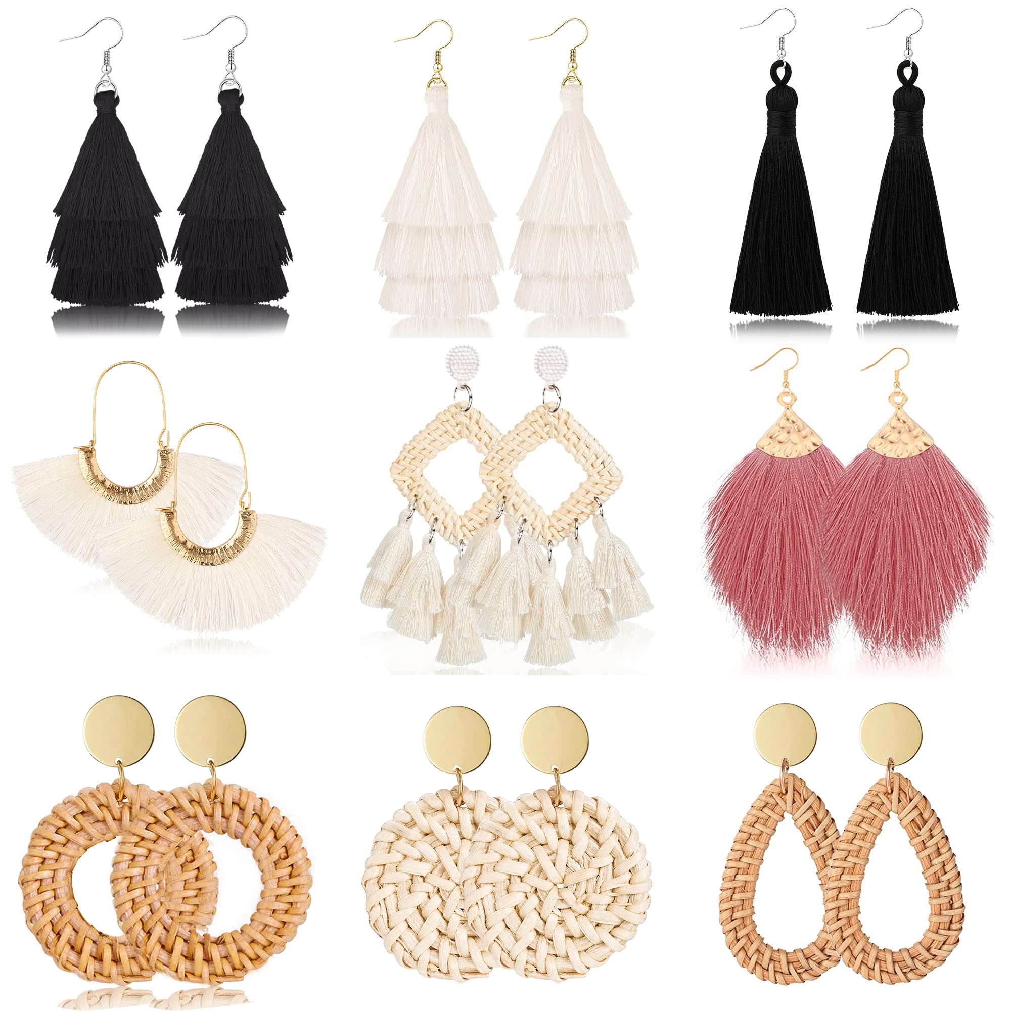 TOSGMY 9-12 Pairs Rattan Earrings for Women Handmade Boho Tassel Earrings Lightweight Acrylic Earrings Set (D)
