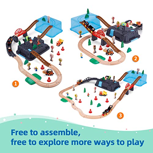 TOOKYLAND Wooden Train Track Set with Dual-use Storage Box,with Wooden Train Sets for Boys Fits Thomas and More