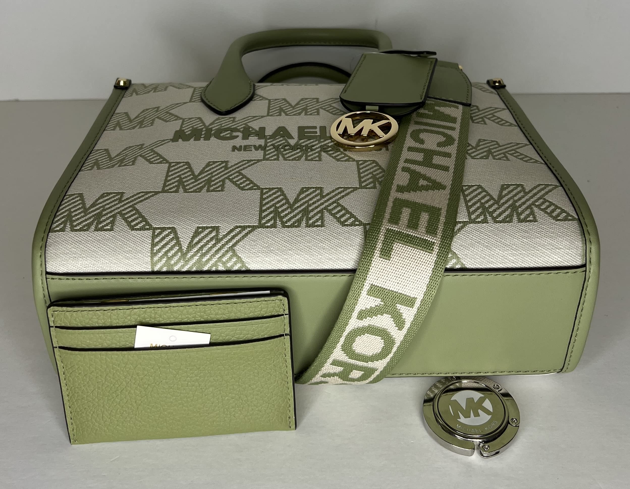 Michael Kors Mirella Small Shopper Top Zip Bag bundled SM TZ Coinpouch Purse Hook (Sage Green MK)