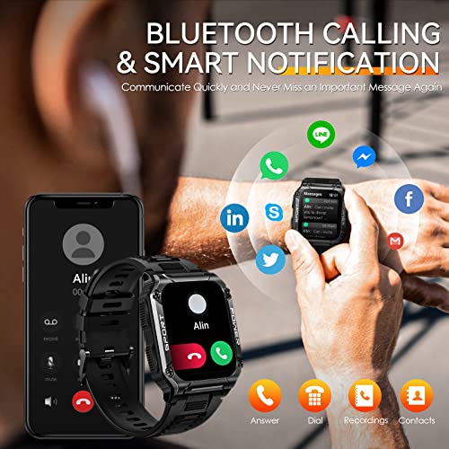 Military Smart Watch for Men with Compass, 1.95'' Rugged Tactical Smartwatch with Bluetooth Calling Message Reminder Heart Rate Sleep Monitor 100+ Sport Mode Big Battery Calculator for iPhone Android