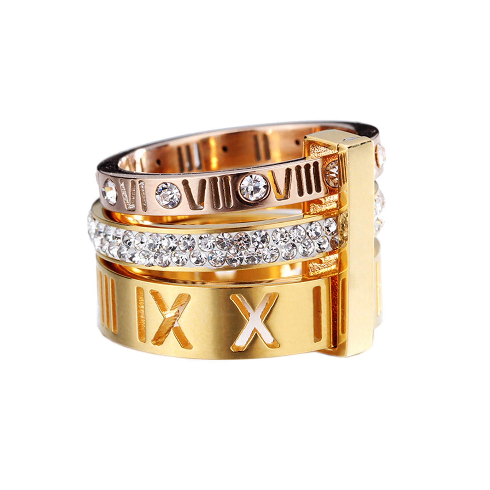 PAMTIER Women's Stainless Steel with Zirconia Roman Numerals 3 in 1 Ring Rose + Gold Size 6.5