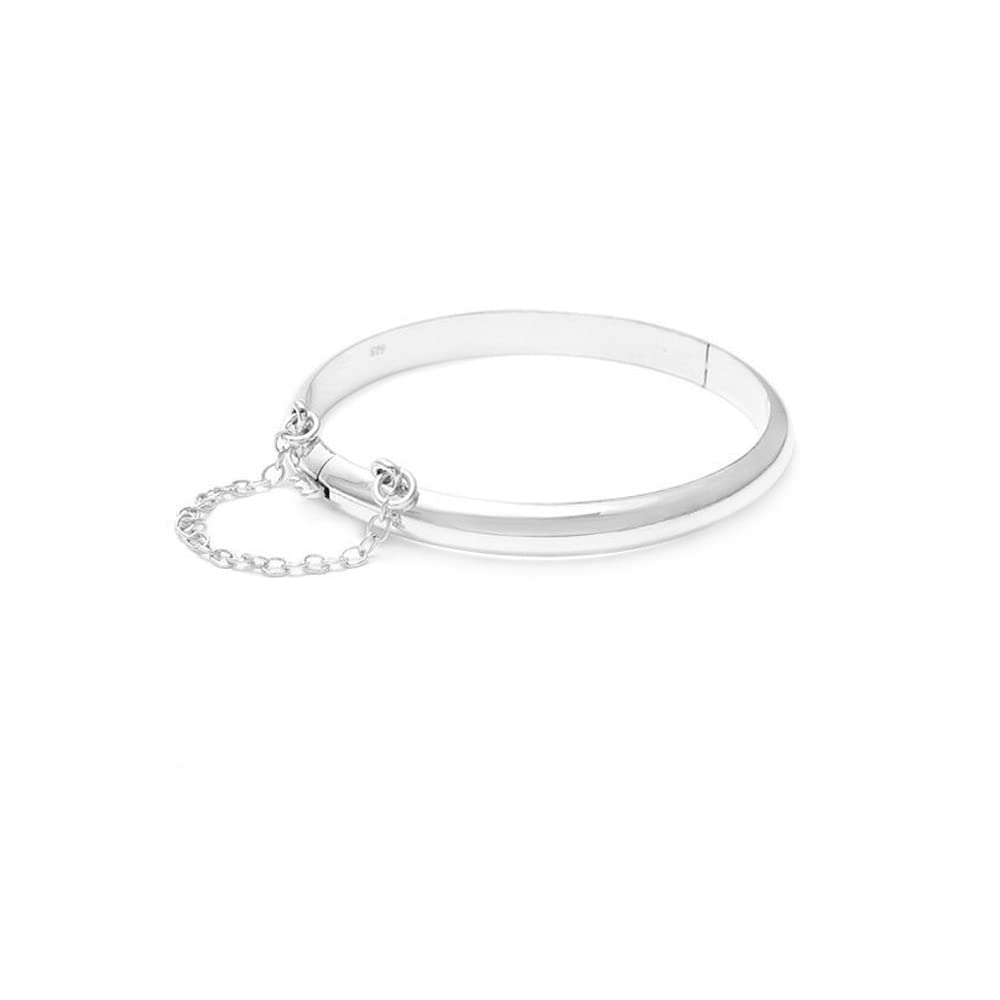 Savlano 14K Gold Plated Over 925 Sterling Silver Solid Plain Dome Bangle Bracelet 7 inch with Safety Chain for Women Comes With Gift Box- Made in Italy (White)