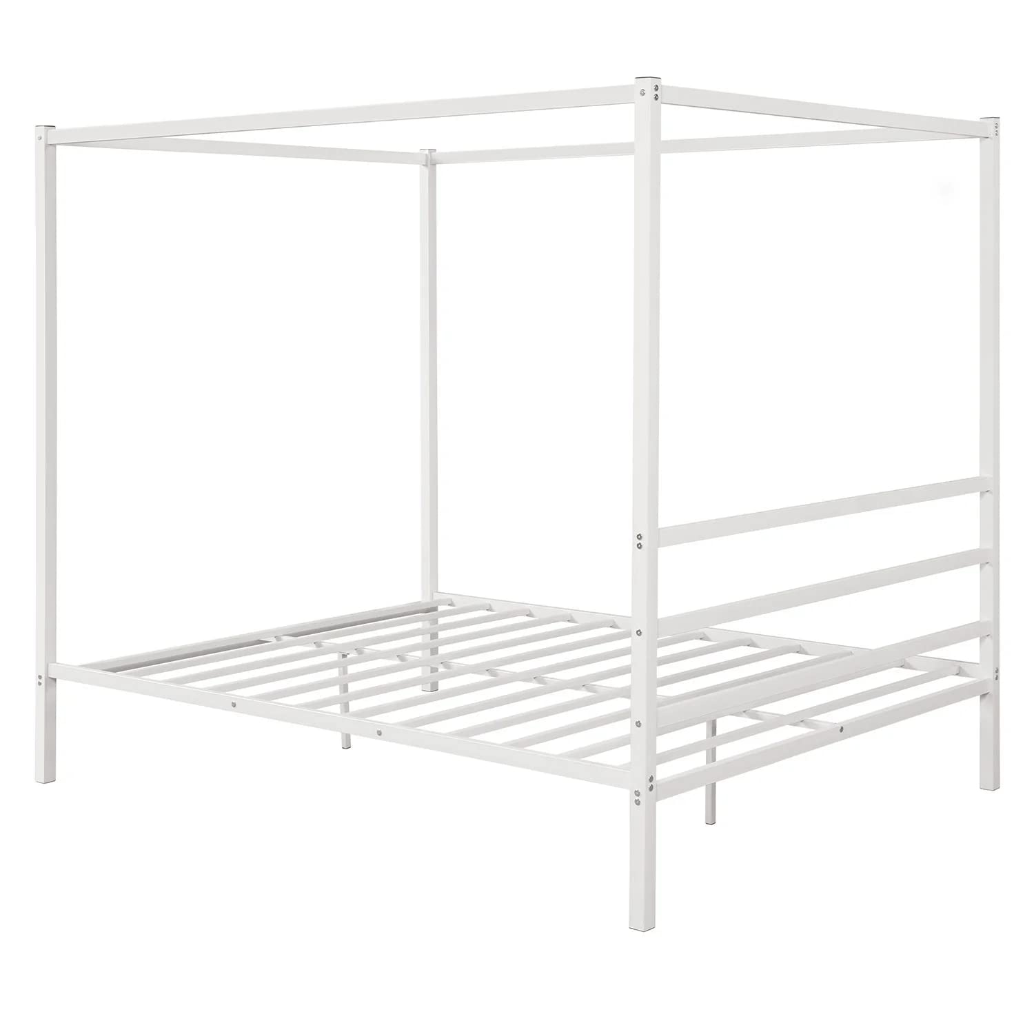 Metal Framed Canopy Platform Bed with Built-in Headboard,No Box Spring Needed, Classic Design, Queen,White
