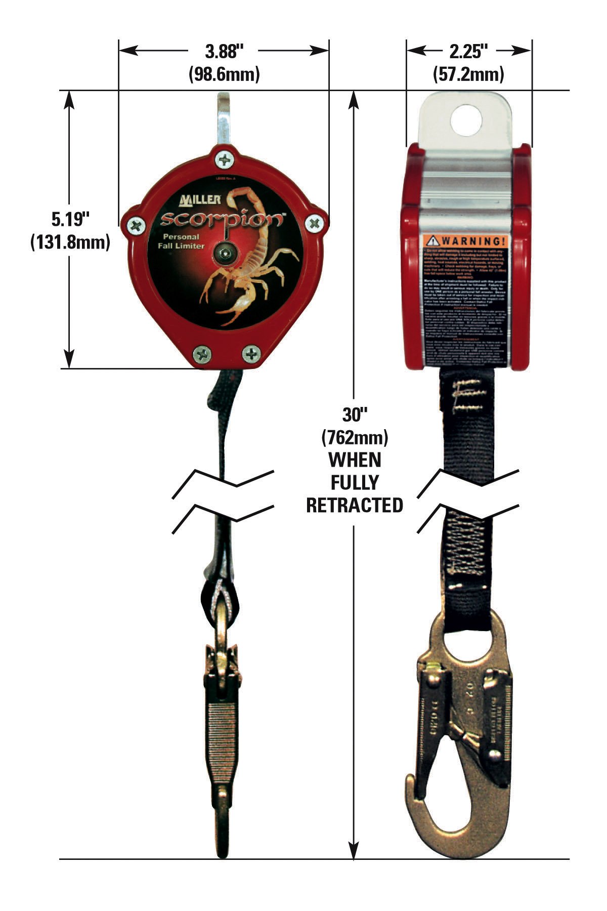 Miller PFL-2/9FT Scorpion 9-Foot Personal Fall Limiter with Steel Twist-Lock Carabiner, Red