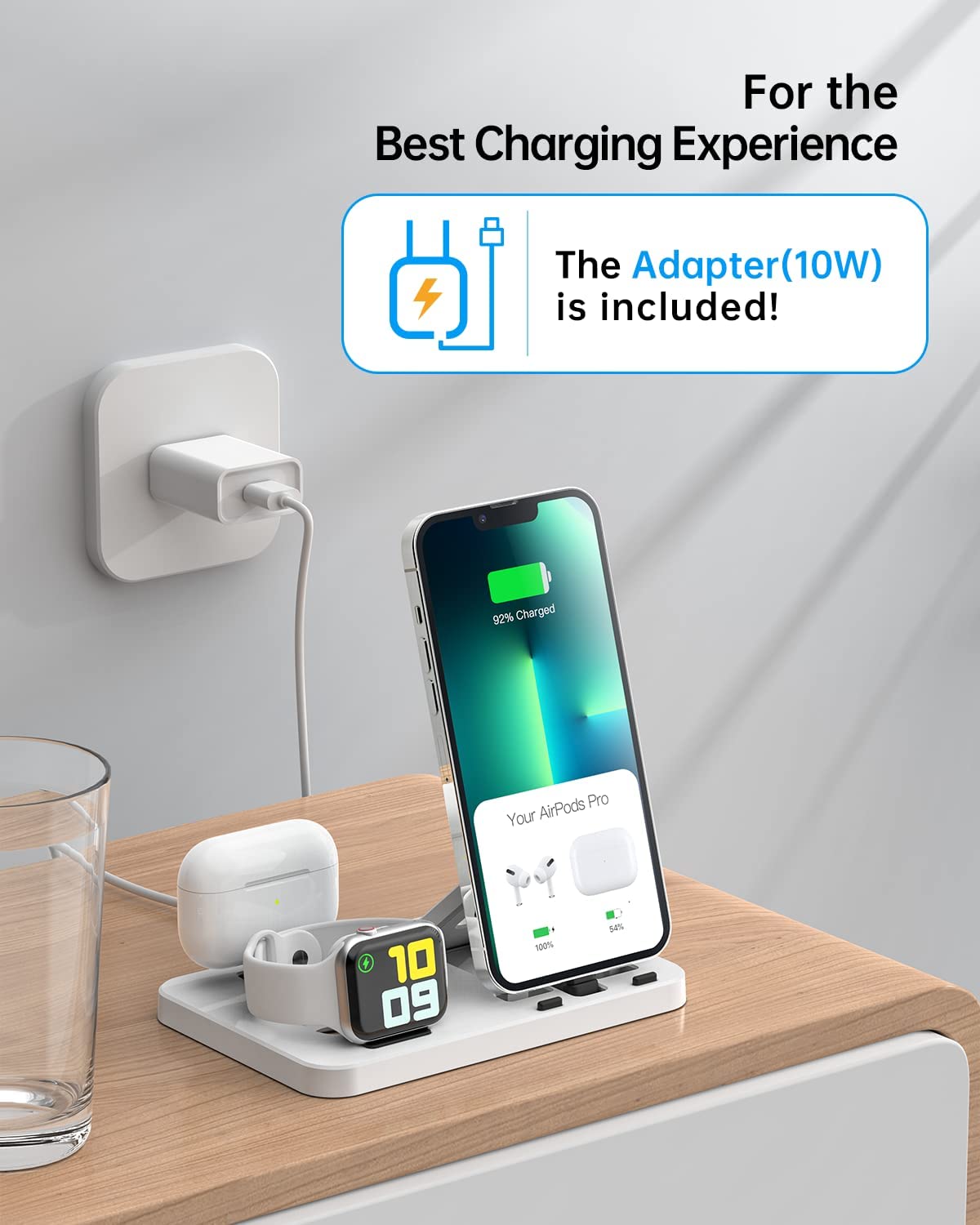 MODOCH 3 in 1 Charging Station for Apple Multiple Devices, Foldable and Portable Travel Charging Dock Compatible with iPhone Airpods Apple Watch Charger Stand with Adapter(White),Not Fit for USB-C