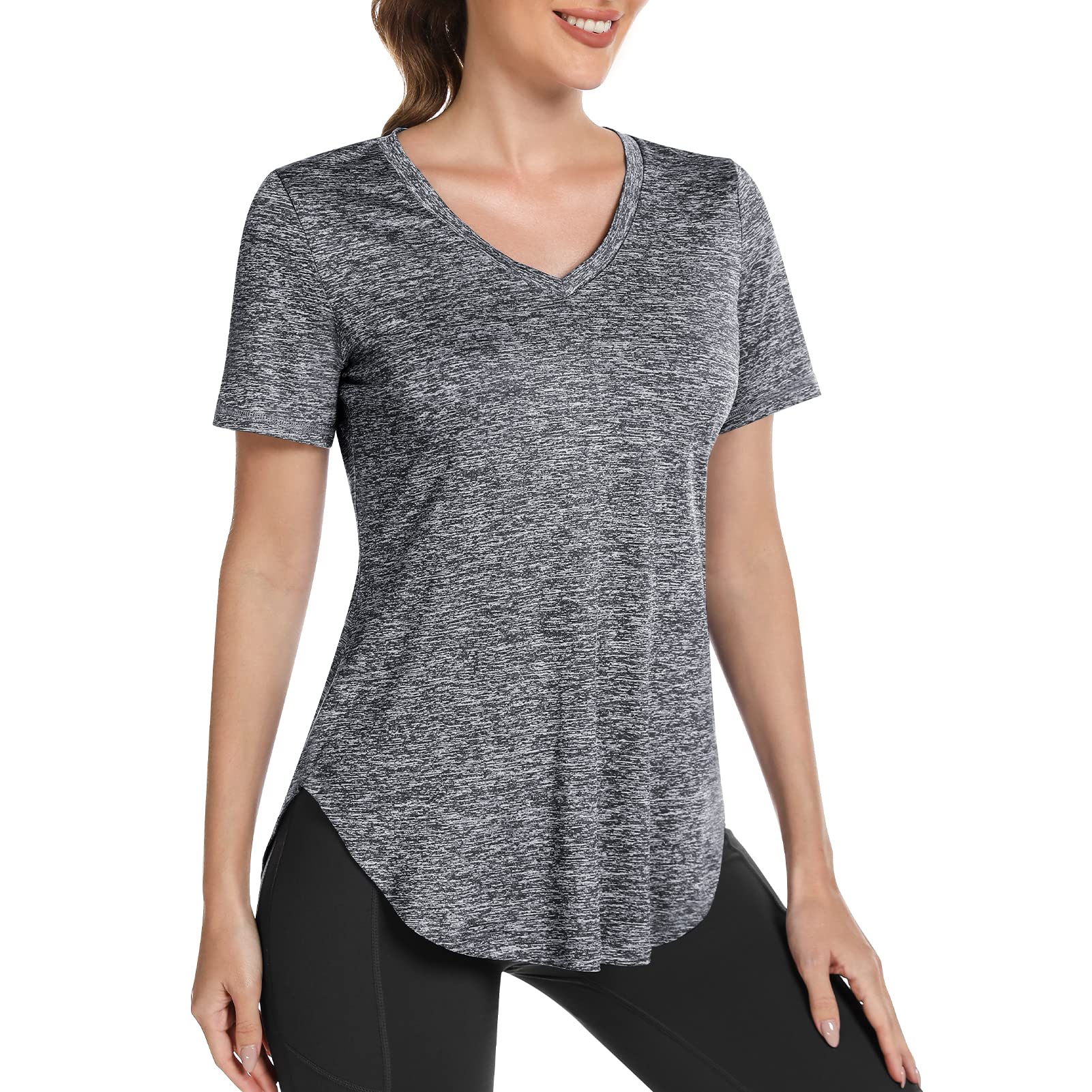 Yoga Shirts for Women Breathable Hiking T Shirt V Neck Workout Stretch Tees Active Workout Tops Grey
