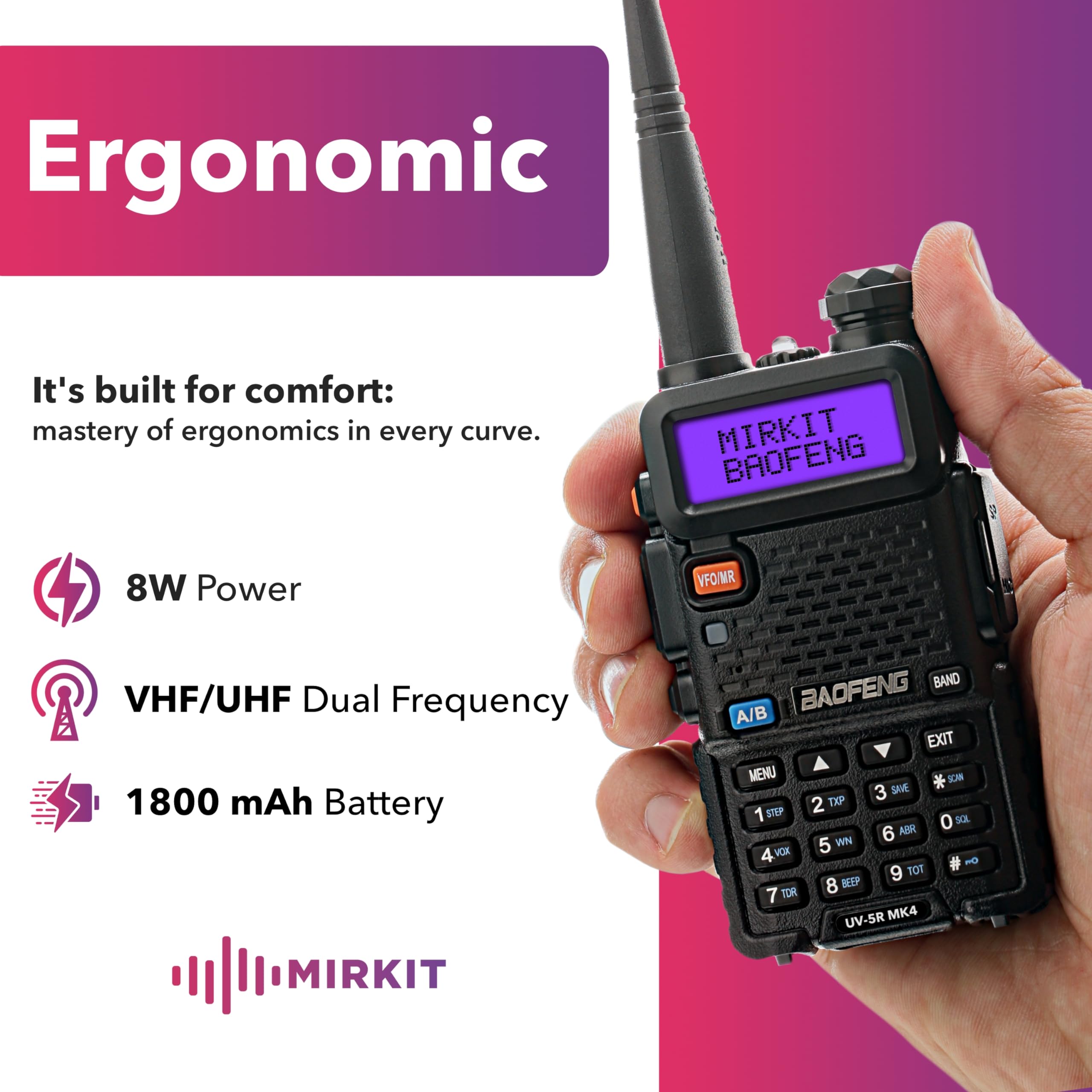Mirkit Baofeng UV-5R MK4 8W Max Power 2024 Two Way Radio VHF/UHF 144-148/420-450 mhz Ham Radio with 1800 mAh Baofeng Battery, Mirkit Software & Lanyard for Walkie Talkie