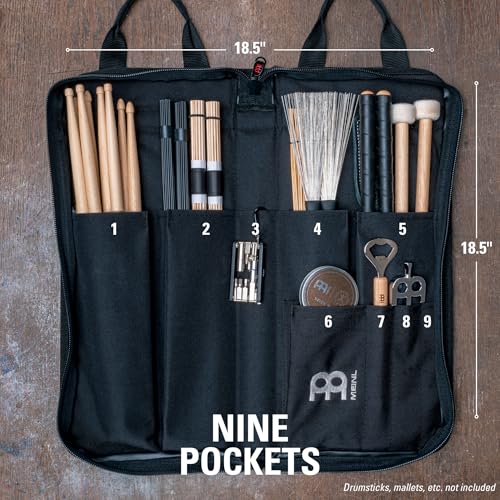 Meinl Percussion Drum Stick Bag with Extra Outside Pocket and Floor Tom Hooks β for Mallets, Brushes and Accessories, Black, Standard (MSB-1)
