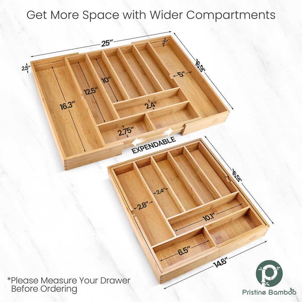 Pristine Bamboo Silverware Organizer– Utensil Organizer for Kitchen Drawers – Extra-Deep Wooden Kitchen Drawer Organizer (10 Slots, 5 Slots) Expandable and Fixed Organizers