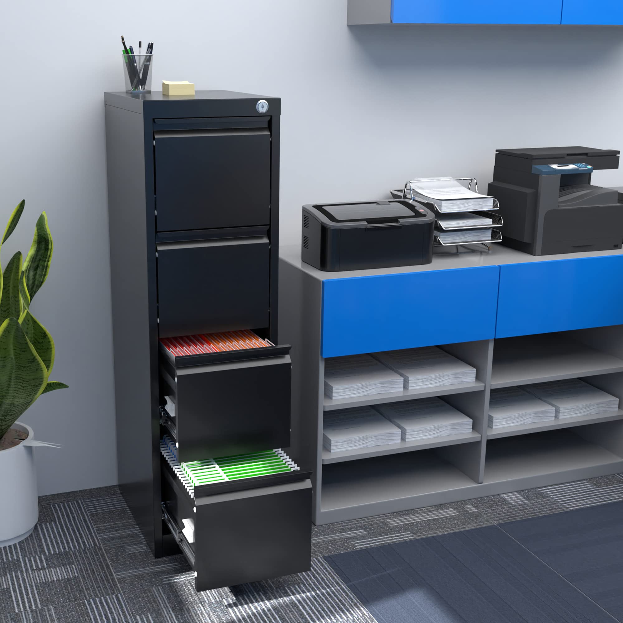 METAN 4 Drawer File Cabinet with Lock, Metal Vertical File Cabinet for Home Office, Locking Steel Filing Cabinet for Hanging Letter/Legal Folders, Black