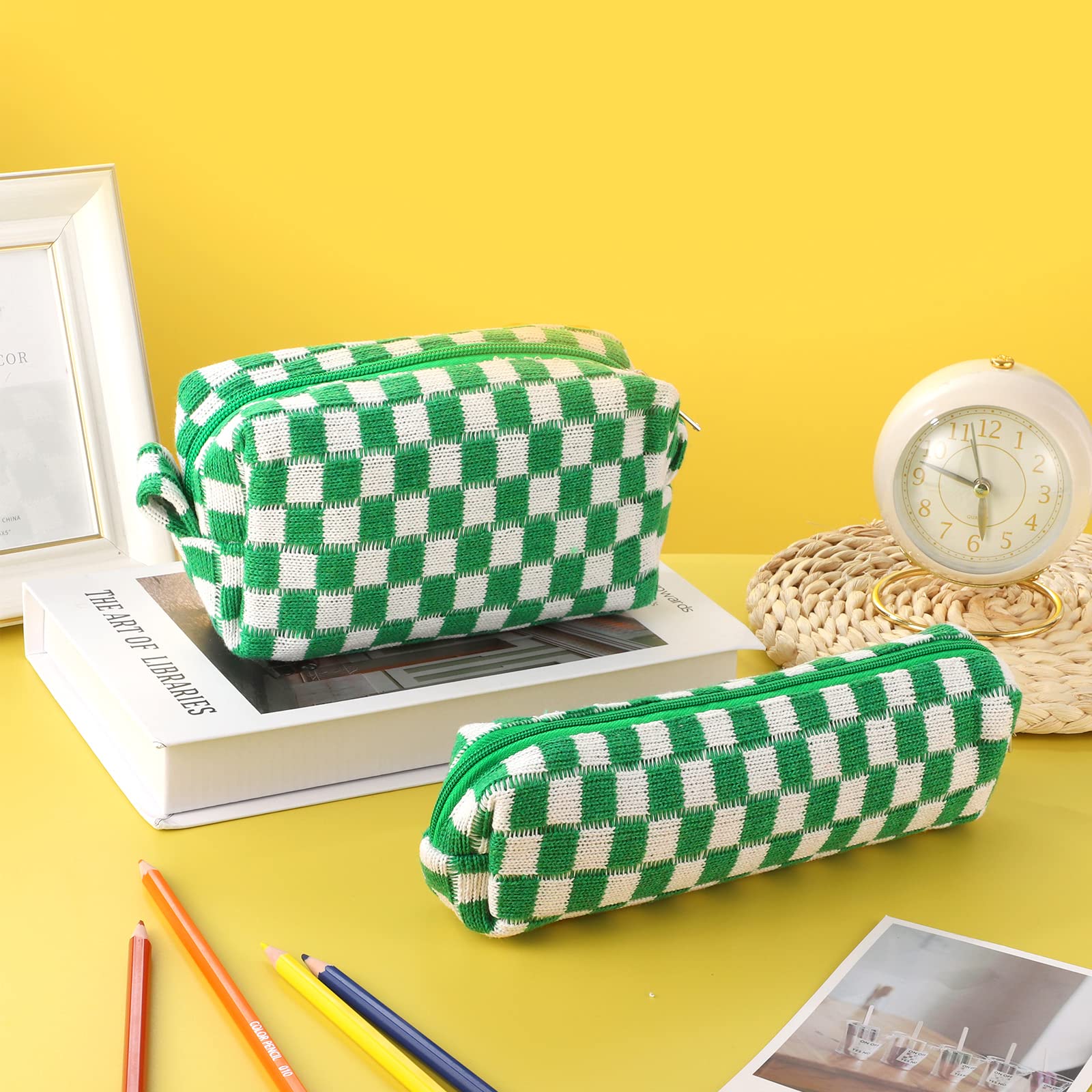 WSICSE 3 Pcs Checkered Makeup Bag Travel Cosmetic Bag, Small Makeup Pouch Organizer Bag for Women Cosmetic Brushes Pen (Green)