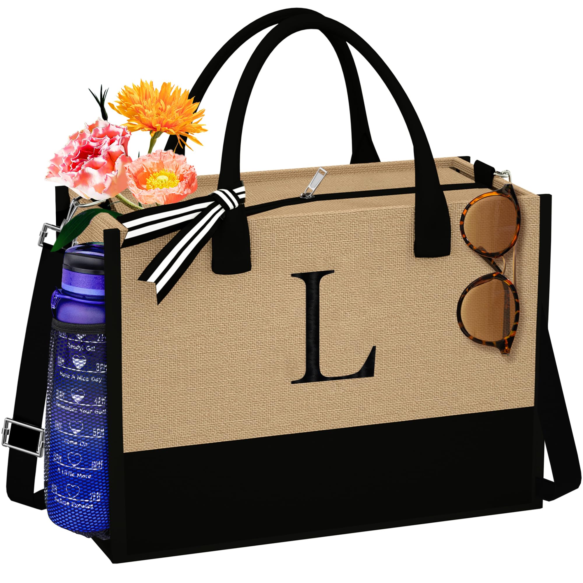 TOPEAST Monogrammed Tote Bag Gifts for Women, 30th 40th 50th Birthday Gifts for her, Personalized Tote Bags with Zipper and Strap for Travel, Reusable Grocery Bags for Shopping, Wedding Gifts Letter L