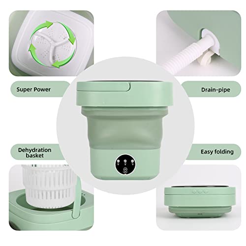 Portable Washing Machine, 6.5L 3-Speed Adjustment Mini Foldable Washer with Drain Basket USB Compact Outdoor Washing Machine for Underwear, Sock, Suitable for Travel, Camping,Apartments（Green)