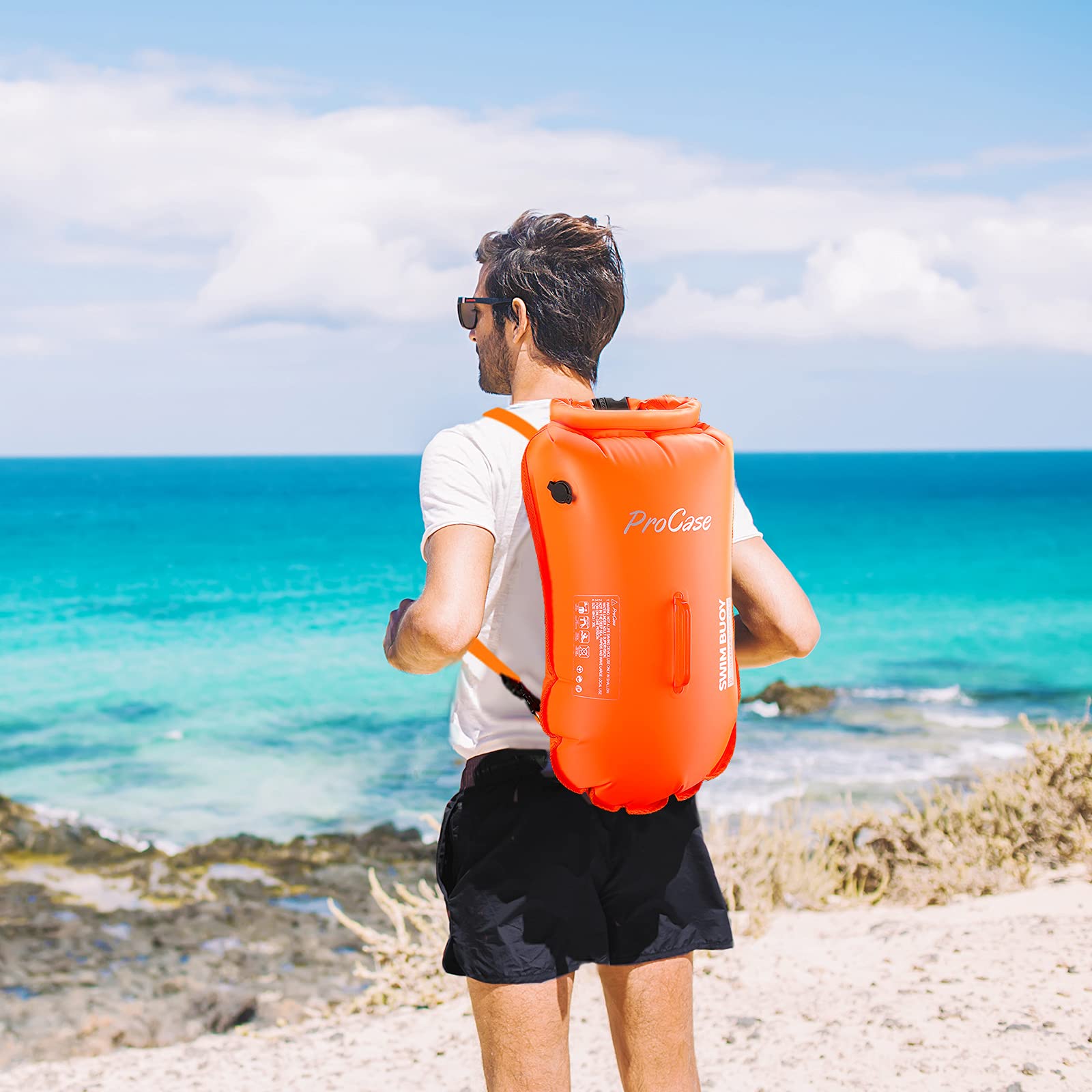 ProCase 35L Swim Buoy Dry Bag, Floating Waterproof Backpack with Shoulder Waist Strap for Open Water Swimming Paddling Boating Kayaking Rafting Hiking Camping Fishing Beach -Orange