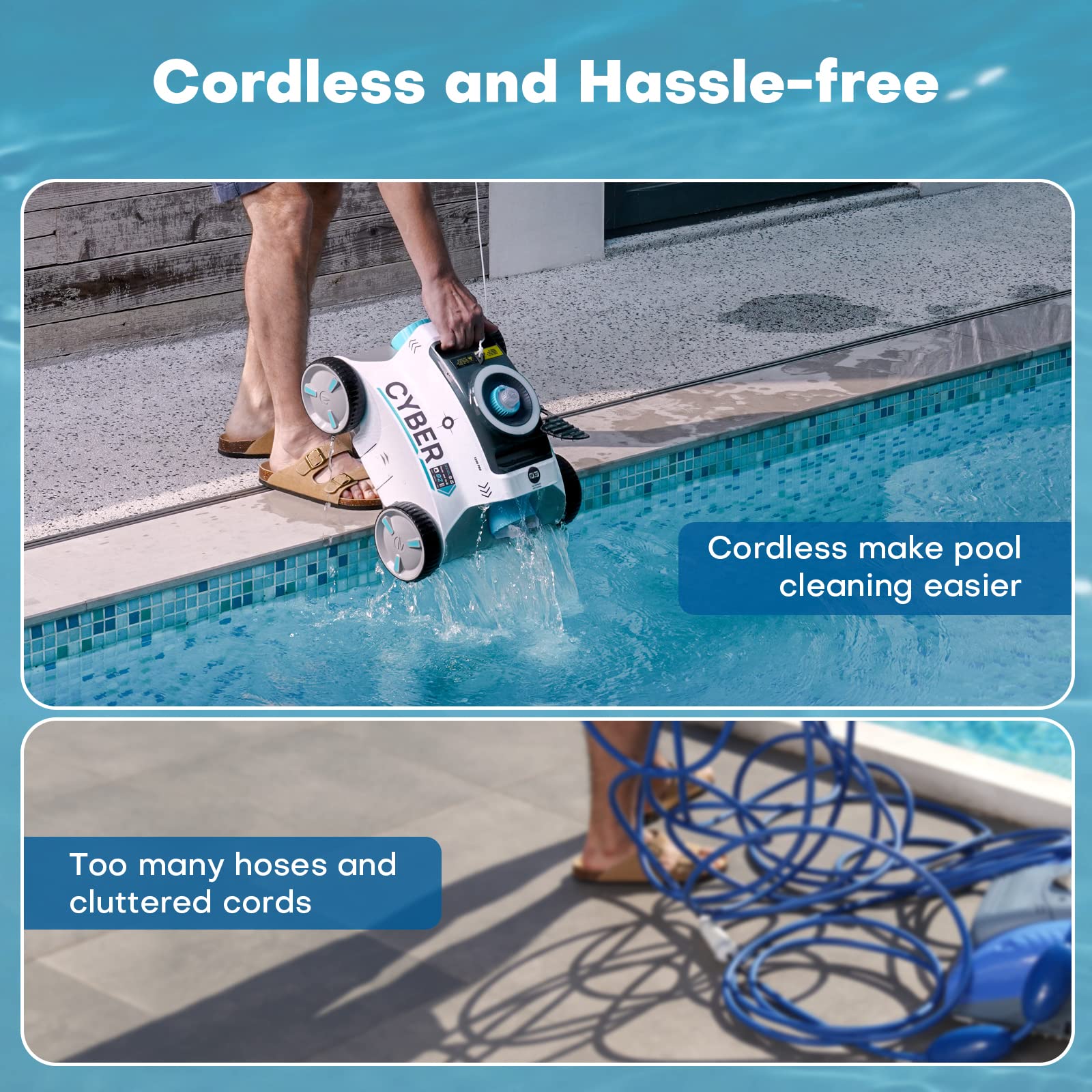 Ofuzzi Cyber 1200 Pro Cordless Robotic Pool Cleaner, Dual Navigation Path, Max.130 Mins Runtime, Stronger Suction Power Pool Robot for Above/In Ground Pools Up to 1076ft² (Blue)