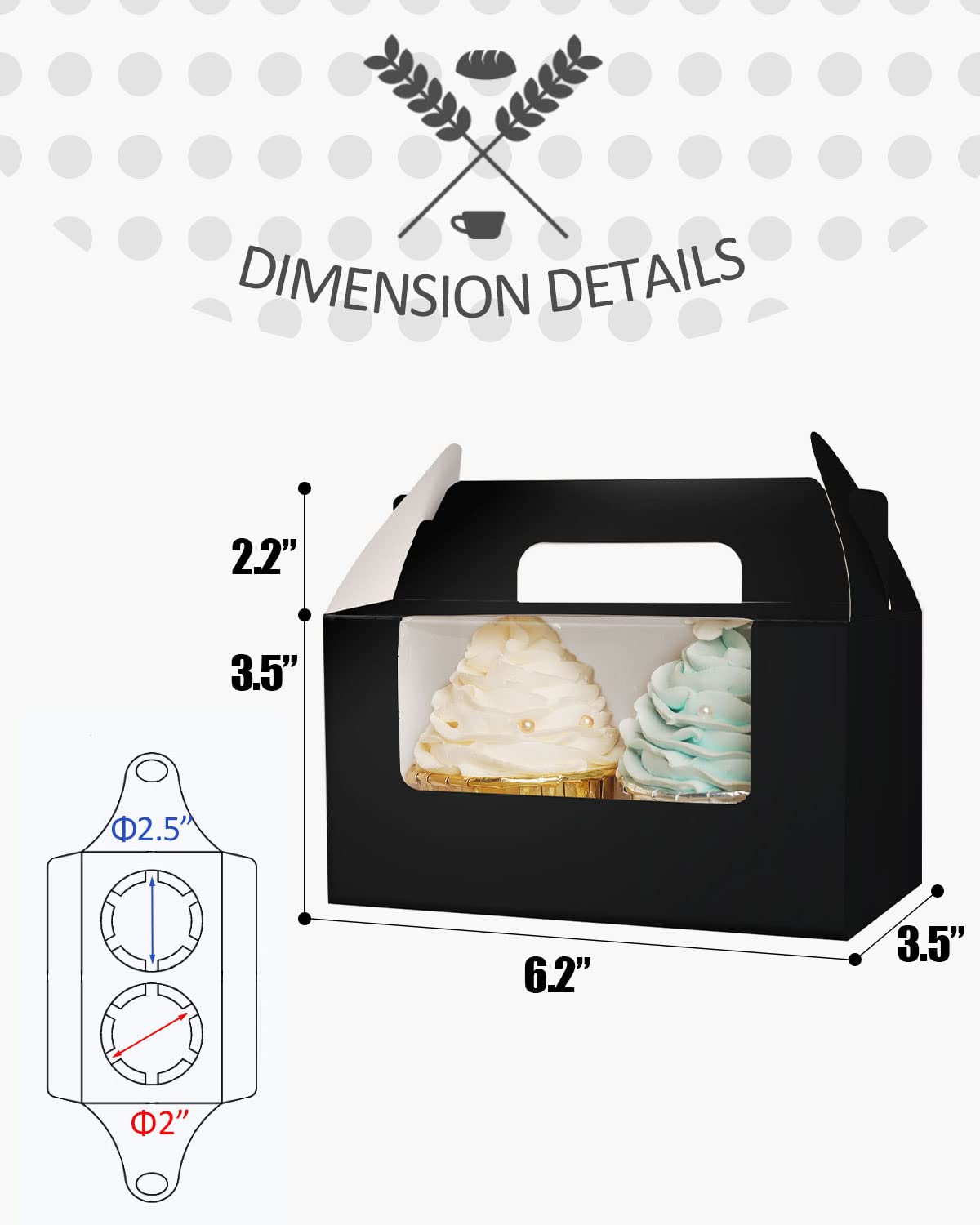 qiqee Cupcake Box Two Holder 6.5x3.6x3.5inch(2.2" Top) 50pcs Brown 2 Cupcake Boxes With Window