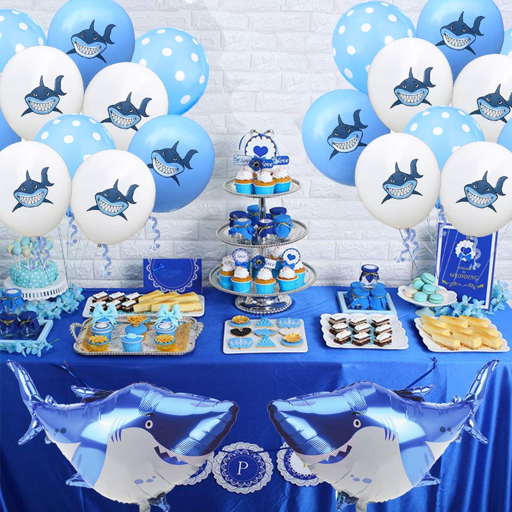 SAKOLLA Set of 22 Shark Theme Party, 2 x 37" Large Shark Foil Balloons and 20 x 12" Shark Latex Balloons