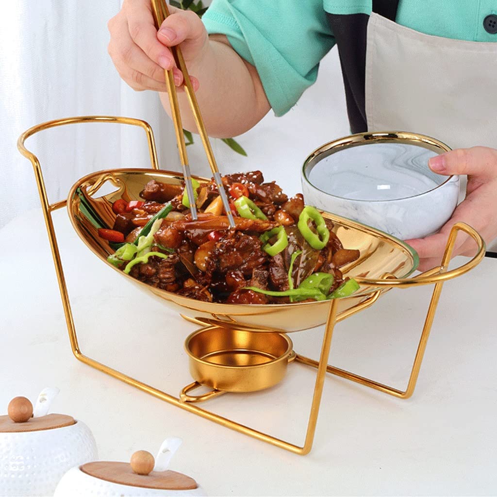 SEASD Household Stainless Steel Dry Hot Pot With Holder Small Chafing Dish Solid Fuel Boilersmall Warmer ( Color : Rose Gold , Size : 38.5*14.5*10.5cm )