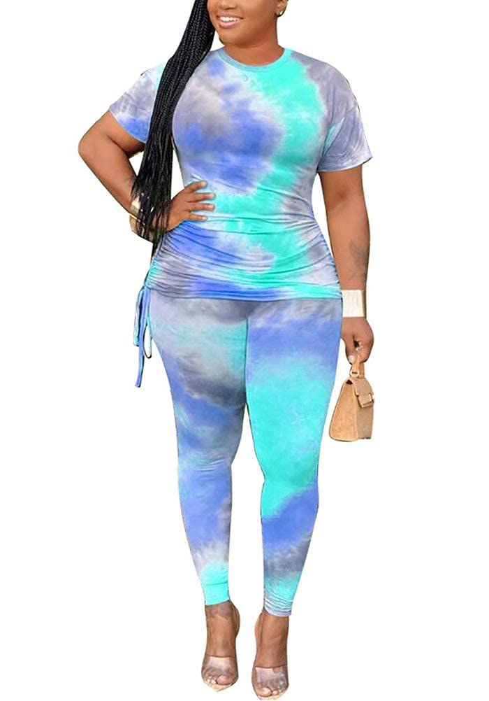 Sprifloral Two Piece Outfits Pant Set Women Tie Dye Print Tunic Top Plus Size Short Track Suits Jumpsuit Royal Blue XL