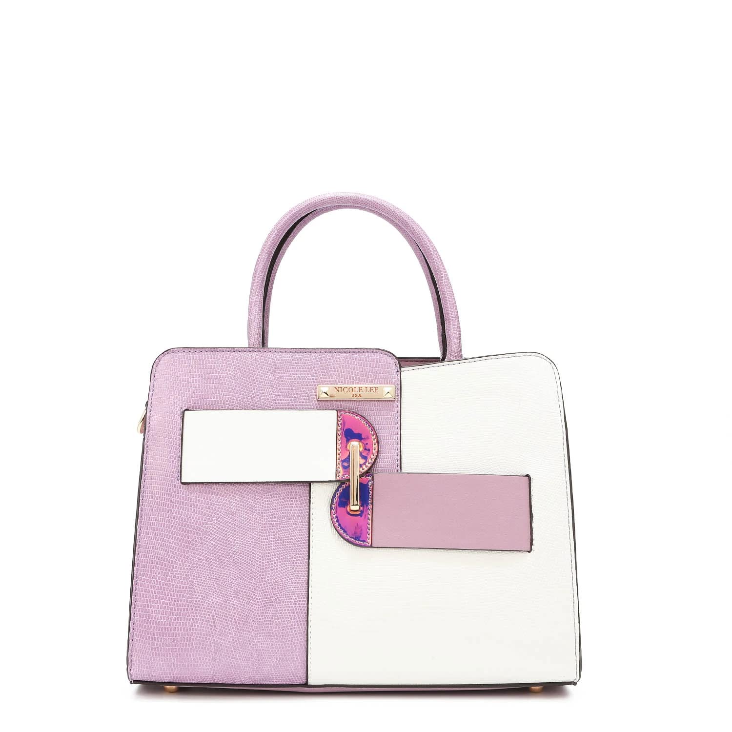 Nicole Lee Gemini Structured Satchel, Dual Tone Iridescent, Faux Snakeskin Design, Medium Handbag with Optional Strap (Lavender)