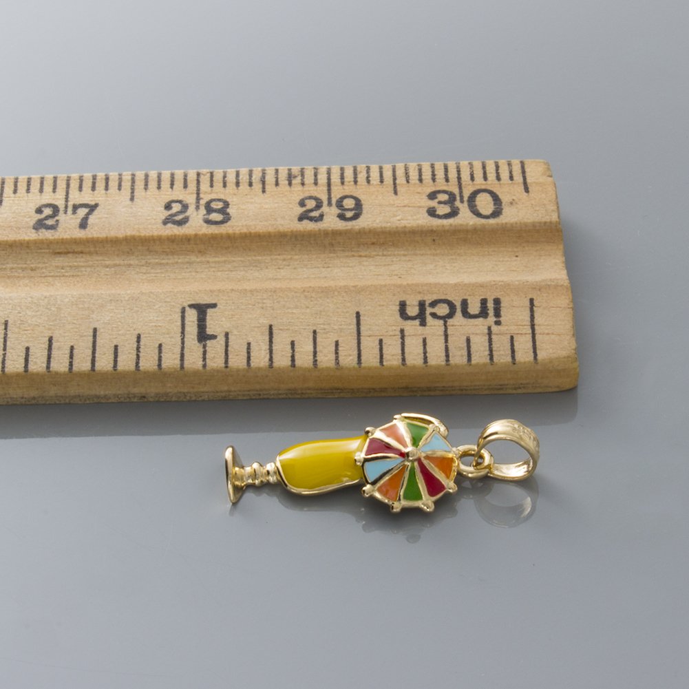 Million Charms 14k Yellow Gold Beach Charm Pendant, Small 2-D Yellow Enamel Tropical Drink with Multi-Color Umbrella