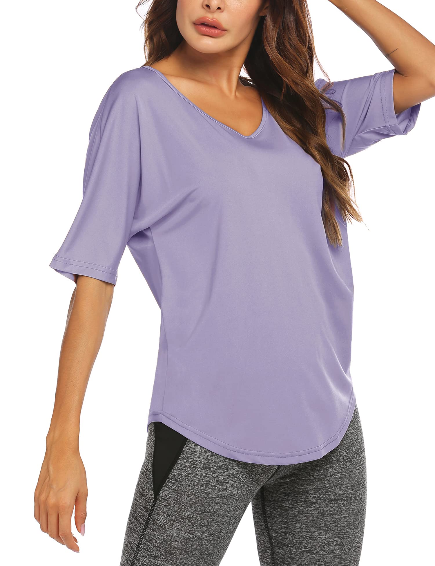 Yoga Tops for Women Open Back Workout Tops Short Sleeve Backless Cute Quick Dry Sport Shirts Lilac XL