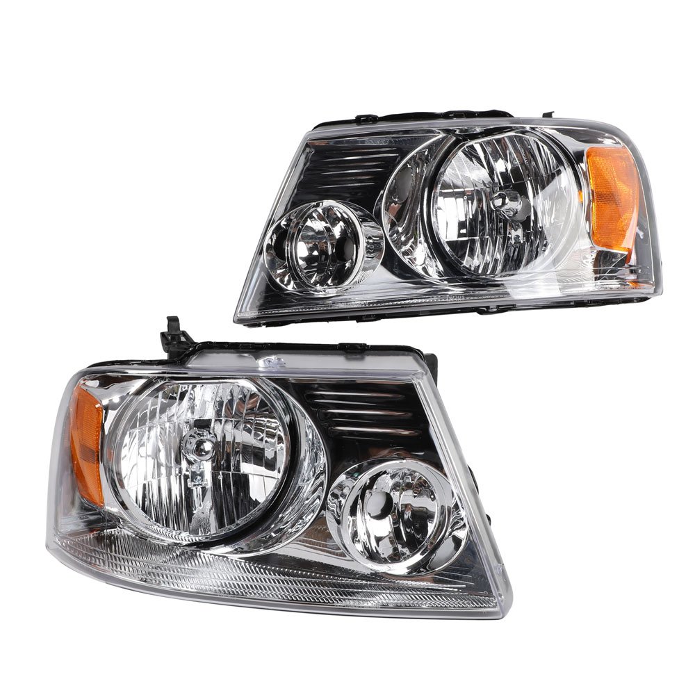MILLION PARTS Headlight Assembly Compatible with 2004-2008 Ford F150 Pickup 2006-2008 Lincoln Mark LT Passenger and Driver Side Chrome Amber Headlight
