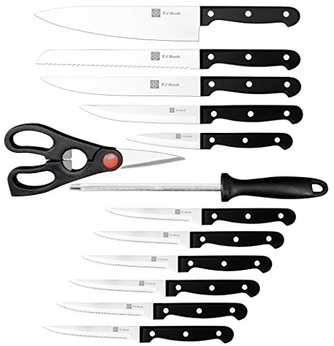 T.J Koch Knife Set 15 Pcs with Block Cutting Board Kitchen Knives Set 8" Chef Slicing Bread 5" Utility 3½" Paring 4½" Steak Knives x 6 Sharpener Steel