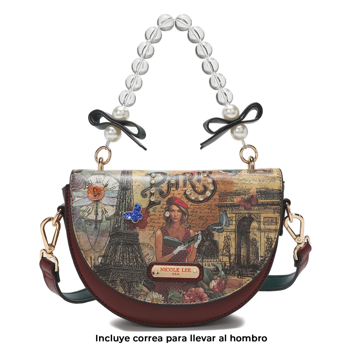 Nicole Lee Shoulder Bag with Pearls Bows, Small Flap Handbag with Removable Crossbody Strap (Success in New York)