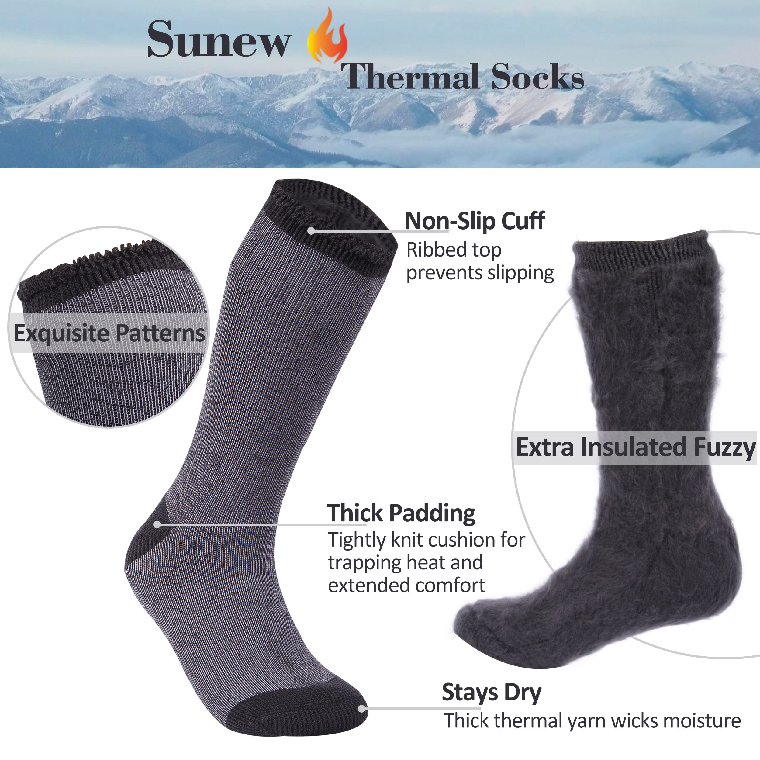 Sunew Warm Thermal Socks, Mens' Winter Outdoor Comfortable Skiing Thermal Socks 2 Pack Black Large