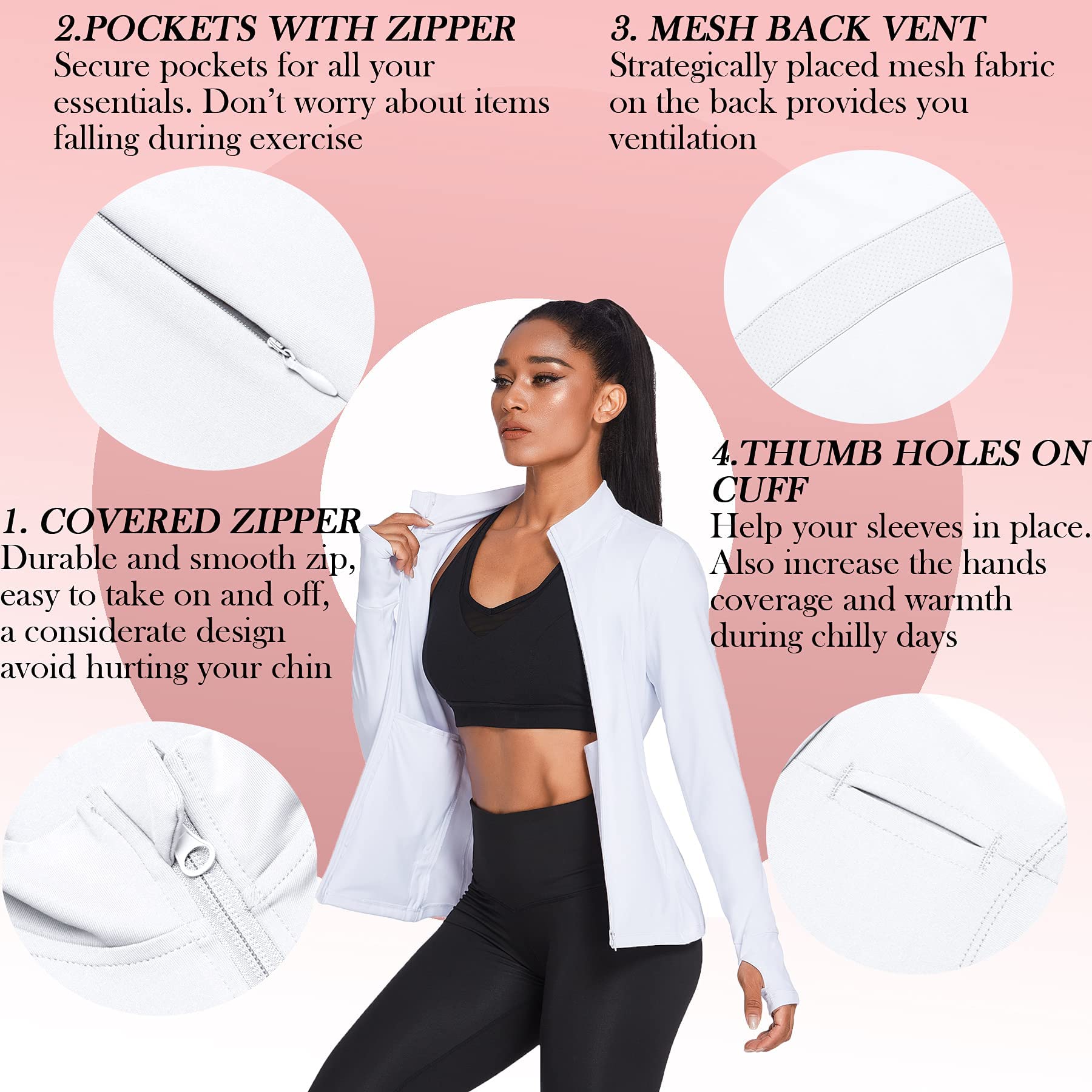 PINSPARK Athletic Jacket Women Workout Running Yoga Jacket Full Zip Up Sportswear Lightweight Tops White M