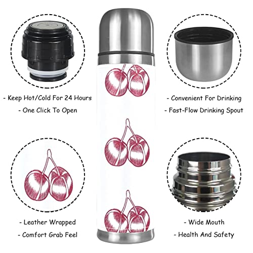 Stainless Steel Leather Vacuum Insulated Mug Cherries Thermos Water Bottle for Hot and Cold Drinks Kids Adults 16 Oz
