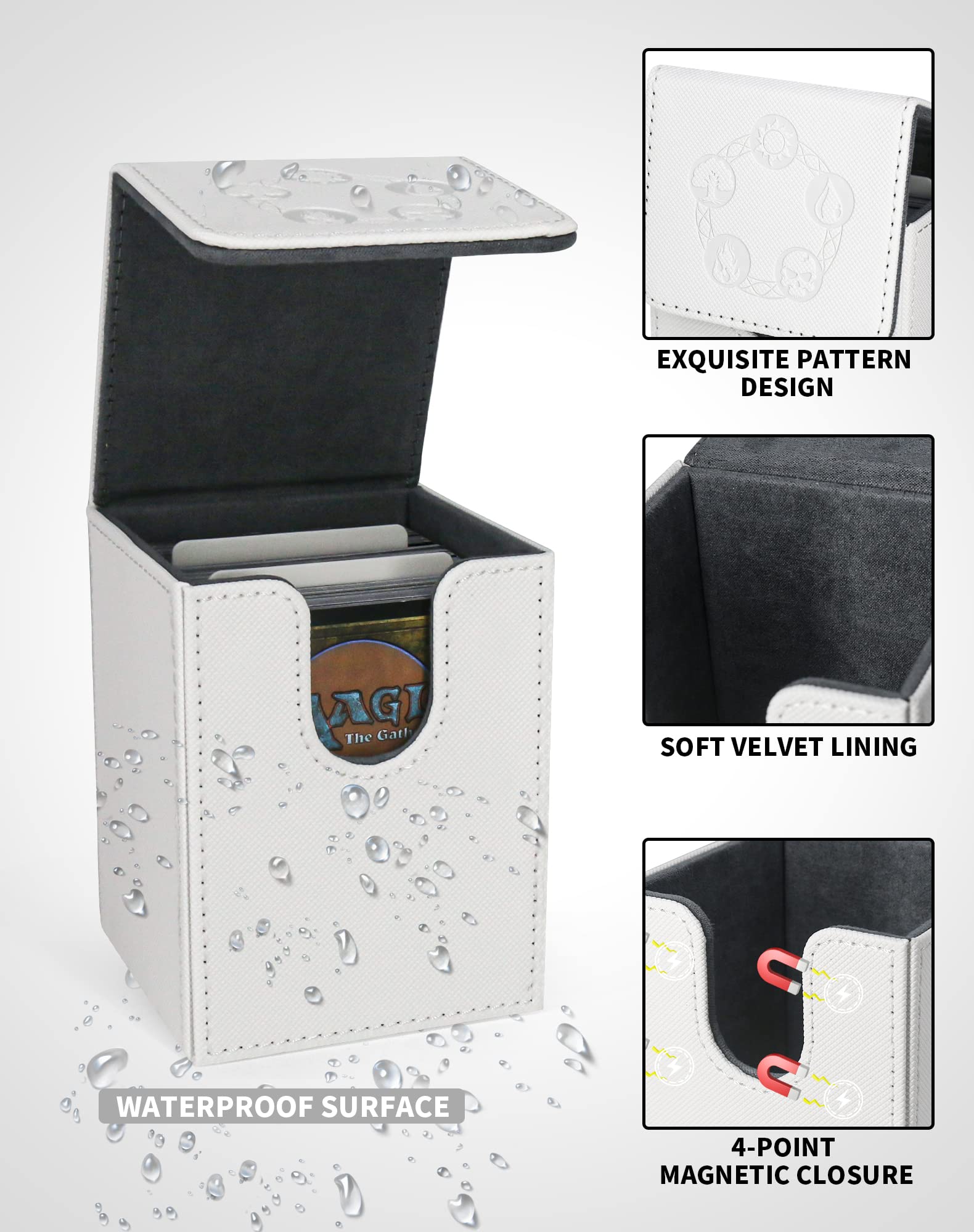 ZLCA Card Deck Box for MTG, Card Storage Box Fits 100+ Single Sleeved Cards, PU Leather Strong Magnet Card Deck Case for Magic Commander TCG Cards (White)
