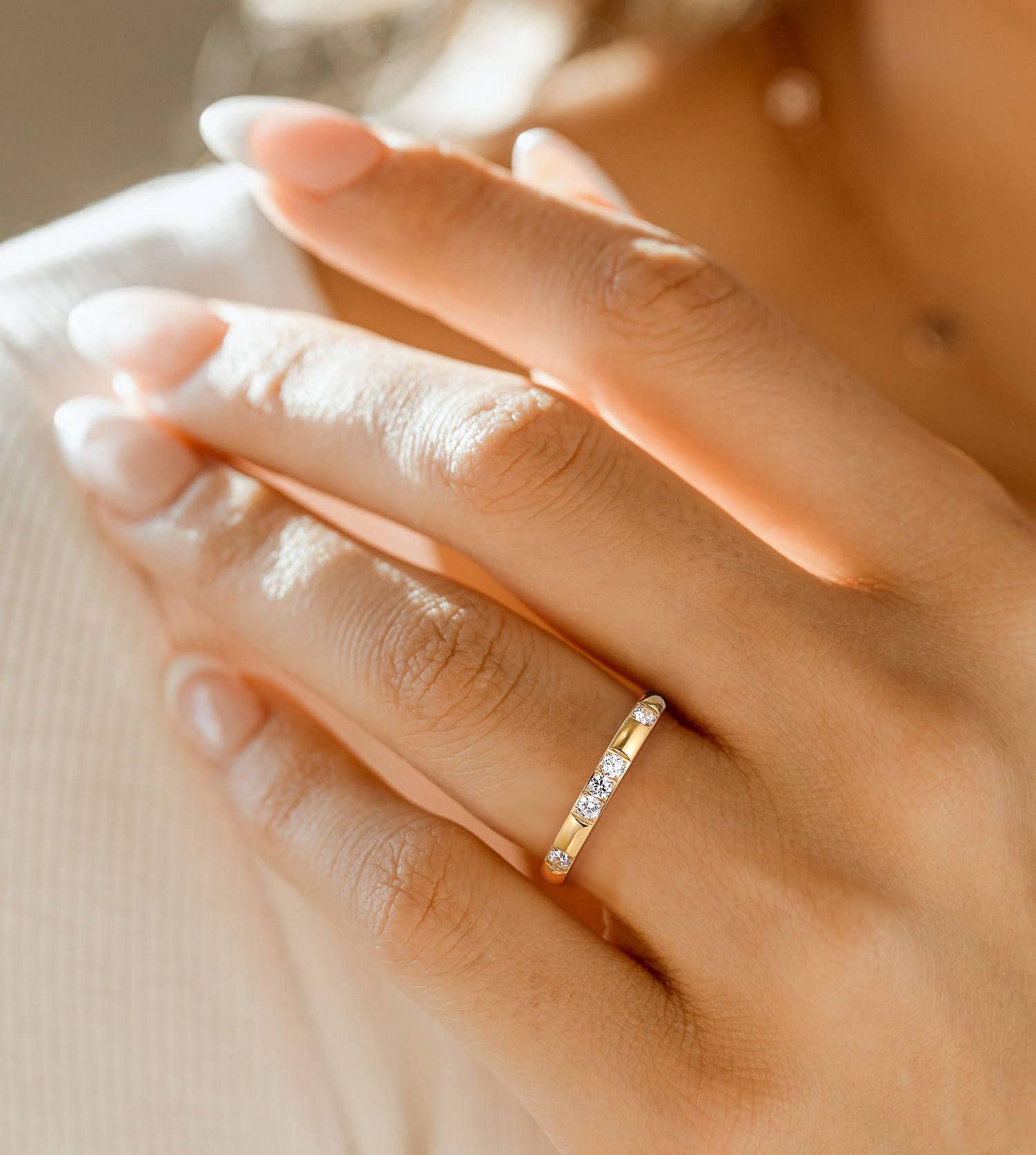 TIGRADE Women Titanium Ring Cubic Zirconia Eternity Ring for Her, 18K Gold Plated Dome High Polished Wedding Band Comfort Fit Size 4-11, White, Size 5