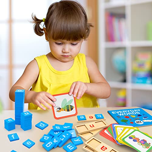 Victostar 121PCS Short Vowel Reading Letters Sorting Spelling Toy Set,Wooden Reading Blocks Learning CVC Sight Words Flashcards Alphabet Montessori Toy Gift for 3 4 5 Years Old