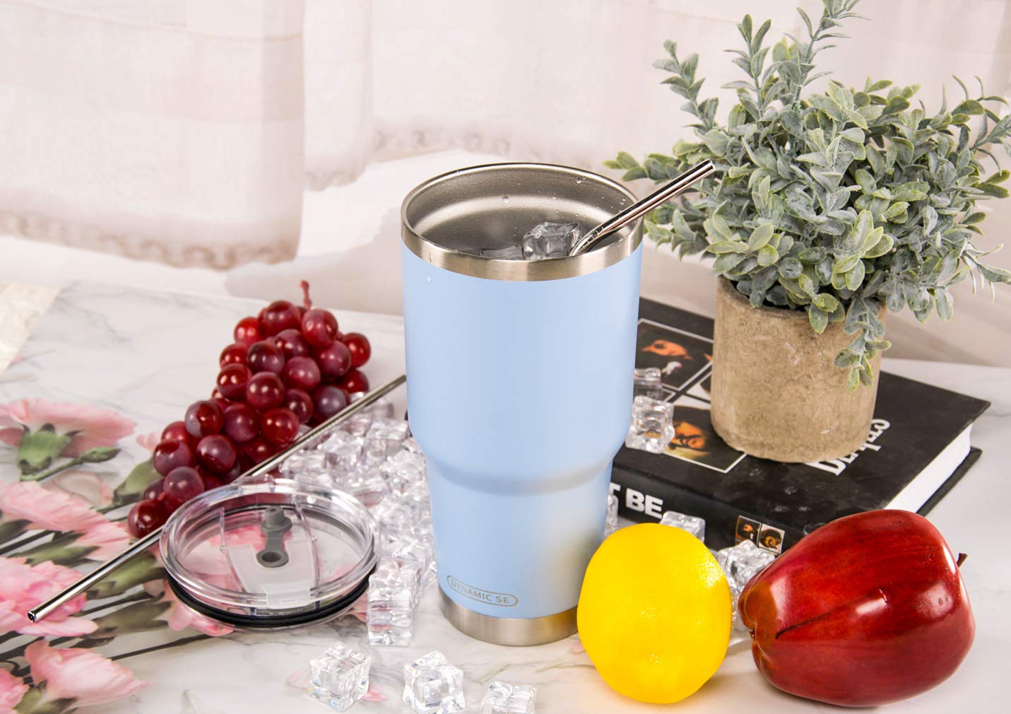 Product Image 30oz Blue Tumbler Stainless Steel Double Wall Vacuum Insulated Mug with Straw and Lid, Cleaning Brush for Cold and Hot Beverages