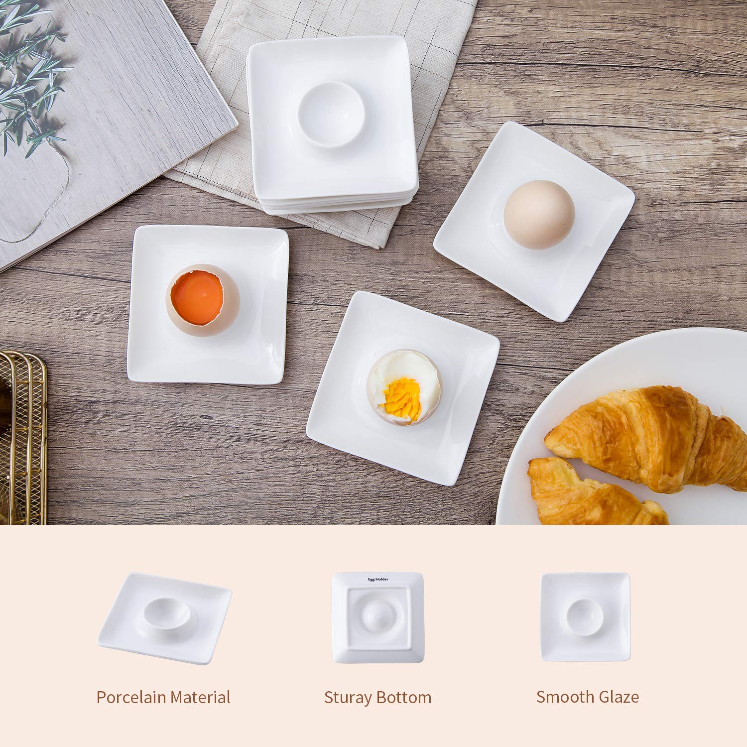 TAMAYKIM Soft Boiled Egg Cups, White Ceramic Egg Cup Plates, Plat Egg Holders for Breakfast and Brunch, Sot of 8