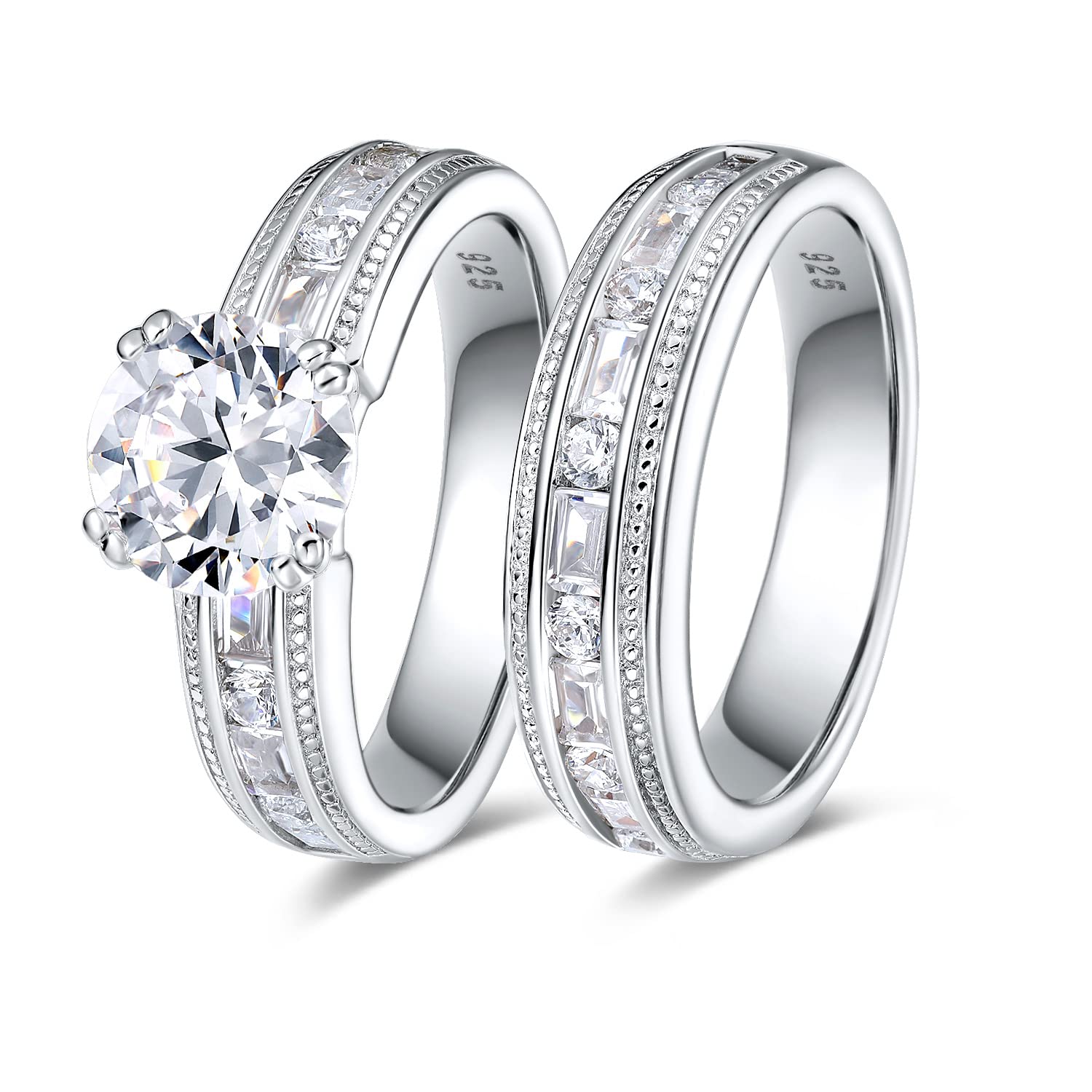 TIKJE Two-in-One Wedding Bands Set Sterling Silver Engagement Rings Set S925 Bridal Promise Ring Bulky Eternity Band for Women 2 pc Size 8