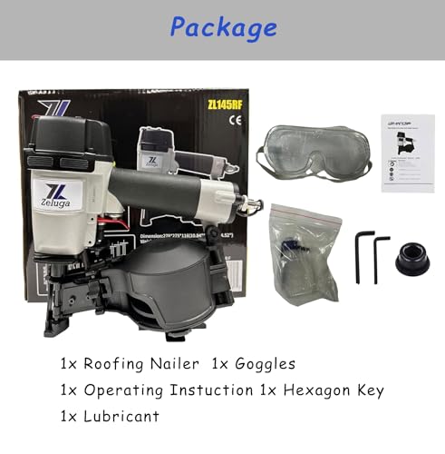 Zeluga 10-145 Pneumatic 15 Degree Coil Roofing Nailer with 120 PCS Load Capacity Coil Nailer Kit with Eye Protection and Repair Kit