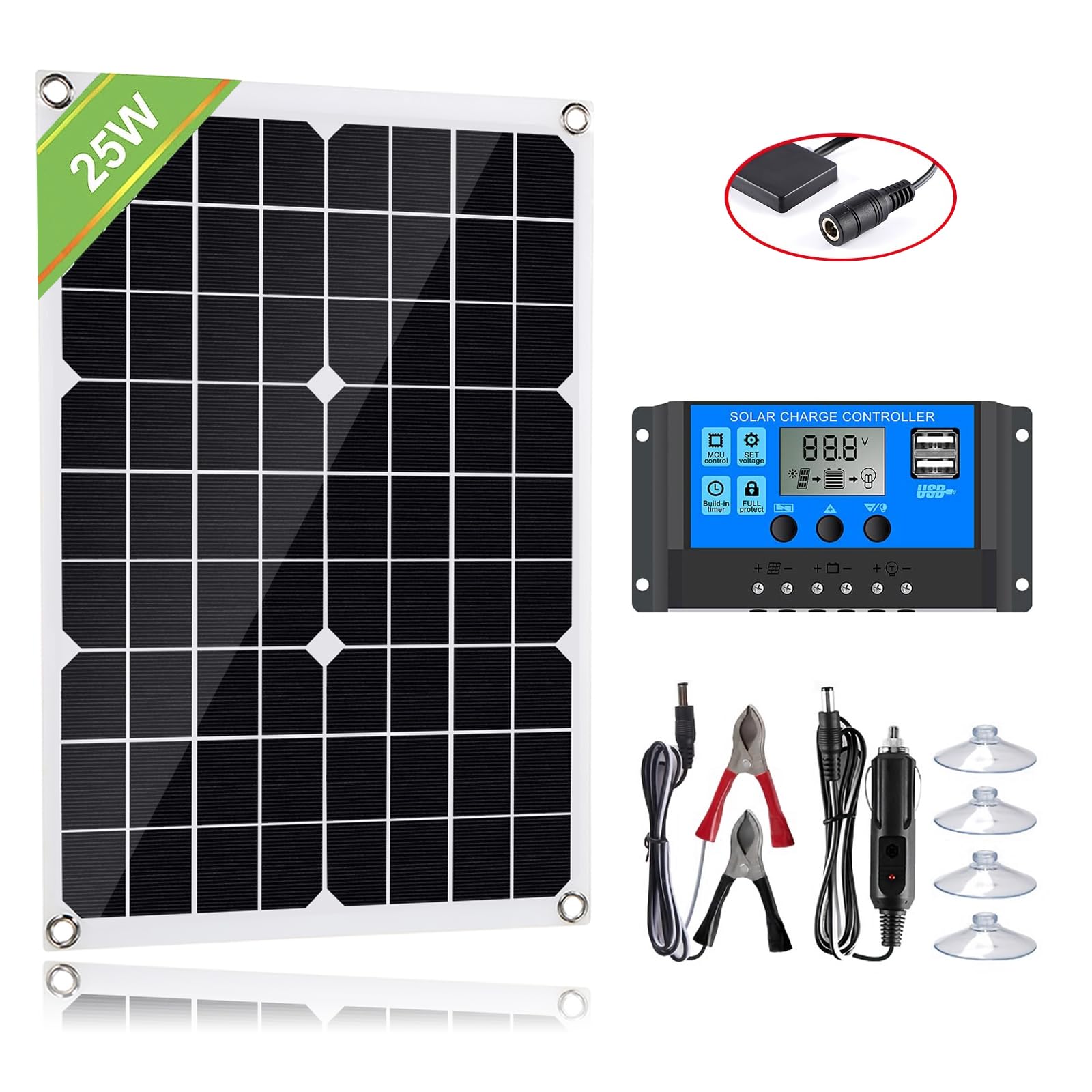 PerhGory Solar Panel Kit 25W 12V Monocrystalline Semi-Flexible, 10A Solar Charge Controller + Extension Cable with Battery Clips Battery Maintainer for Boat Car RV Motorcycle Marine Automotive
