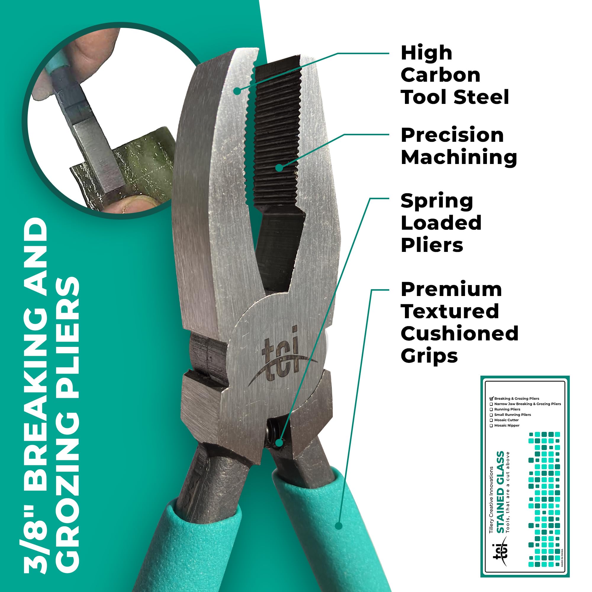 Professional Eight PC Stained Glass Tool Kit with Instructional Video, Oil Filled Pistol and Pencil Grip Cutter, 1β Running Pliers, Breaking and Grozer Pliers