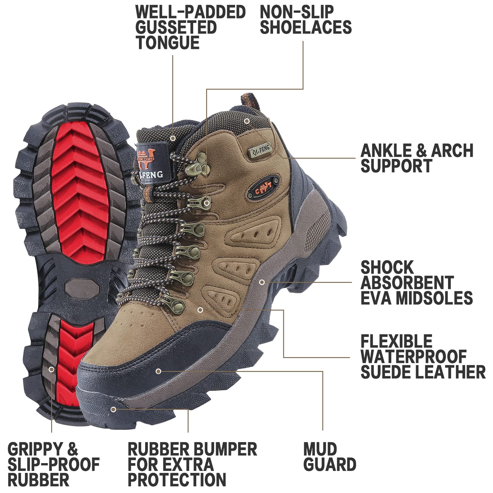 SPUKEP Women Hiking Boots Waterproof Mid Work Shoes Lace Up Walking Trekking Mountain Outdoor, Size 8