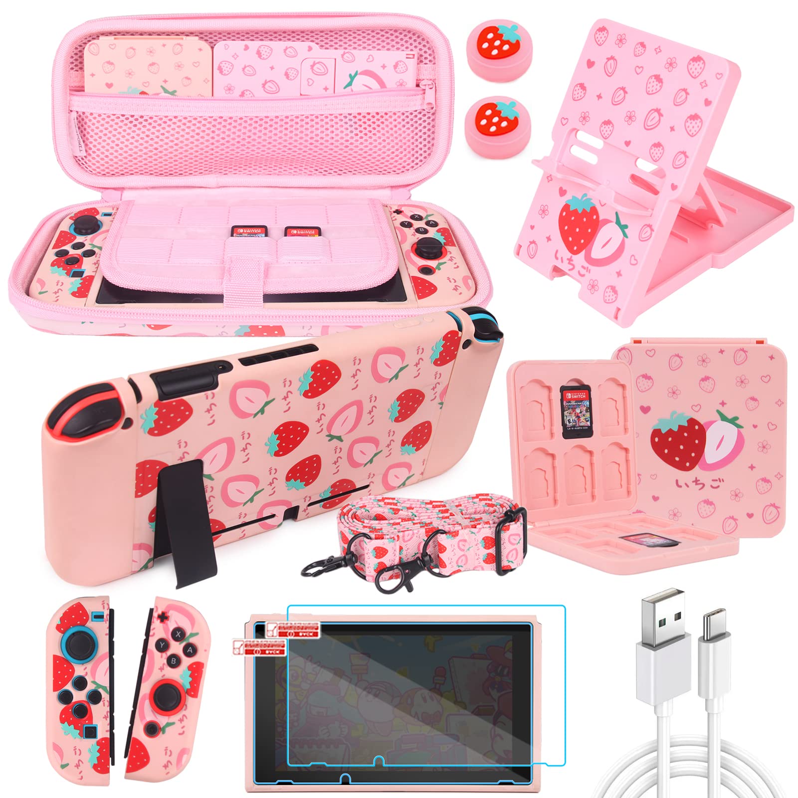 TIKOdirect Carrying Case for Nintendo Switch, Cute Portable Travel Case 8 in 1 Accessories with Protective Case, Screen Protectors, Stand, Game Card Case and Thumb grip caps, Strawberry
